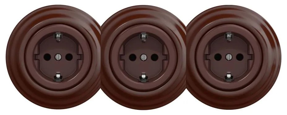 Kliklap - Trojitá retro zásuvka domovní s rámečkem SCHUKO 230V hnědá KA0036+2xKA0035+3xKA0109