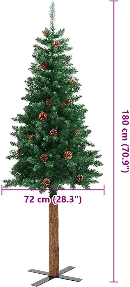 Úzký vánoční stromek pravé dřevo a šišky zelený 180 cm PVC 320958