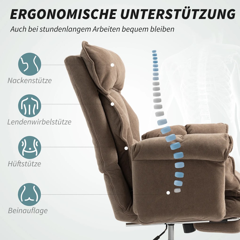 HOMCOM Ergonomická kancelářská židle, naklápěcí opěrka zad, podnožka, měkká látka, světle hnědá