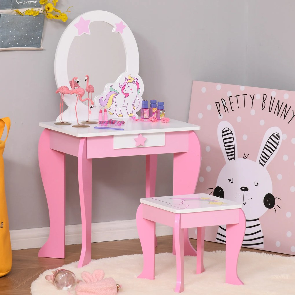 Dětský toaletní stolek s designem jednorožce HOMCOM - včetně stoličky - 49D x 34Š x 90V cm - zásuvka, zrcadlo - MDF - Růžová Bílá