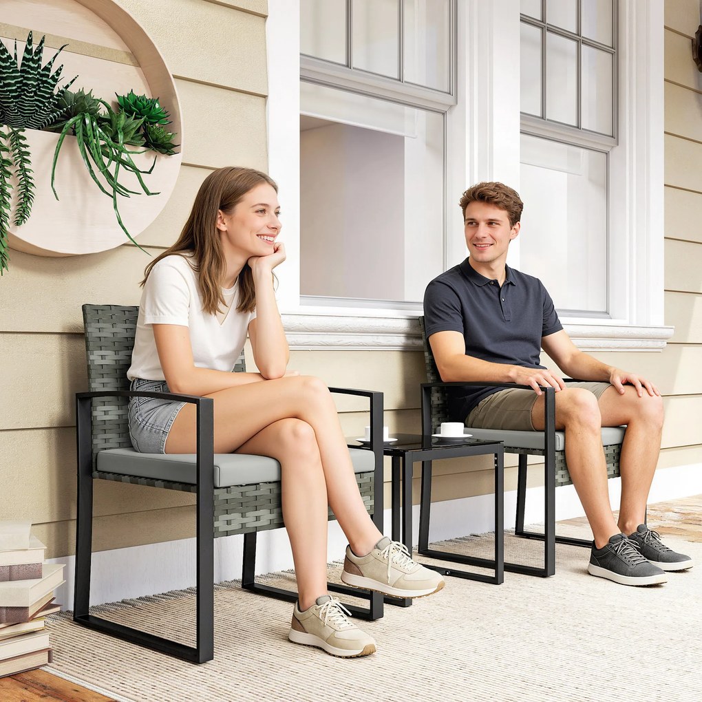 Ratanový bistro set, 3dílná sada zahradního nábytku se 2 zahradními židlemi, konferenčním stolkem, odnímatelnými polštáři, světle šedý