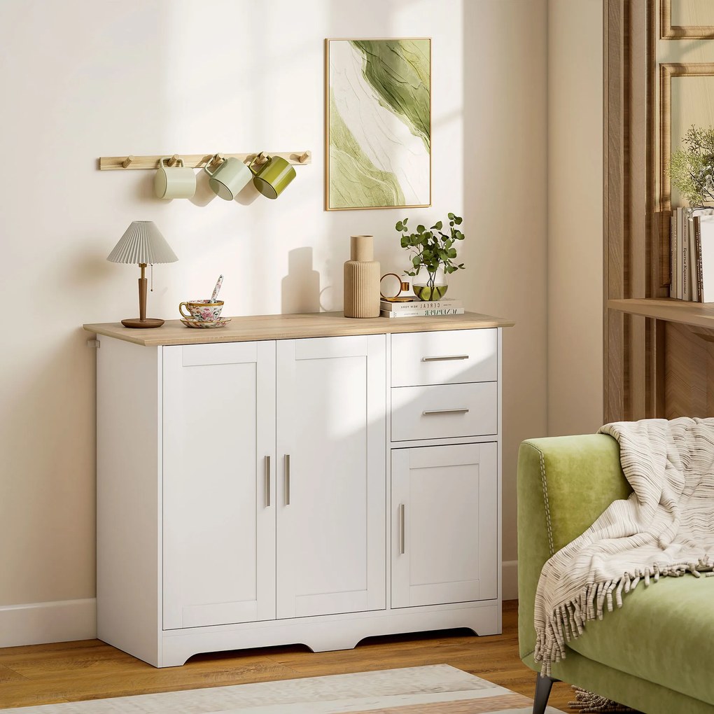 HOMCOM Moderní dřevěná komoda s 2 zásuvkami a 2 skříňkami, 100x40x78 cm, bílá a vzhled dřeva