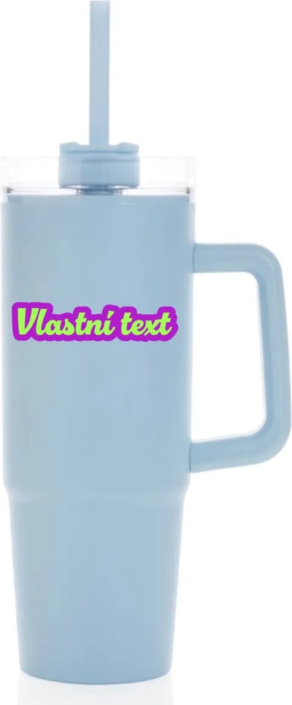 Personalizovaná cestovní termoska s průhledným víčkem s vlastním textem s obrysem
