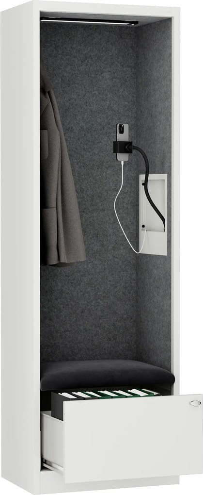 Kancelářská akustická kabina se sedátkem a USB-C portem, korpus bílý / sedák tmavě šedá, 600 mm: SALLY MentalBox