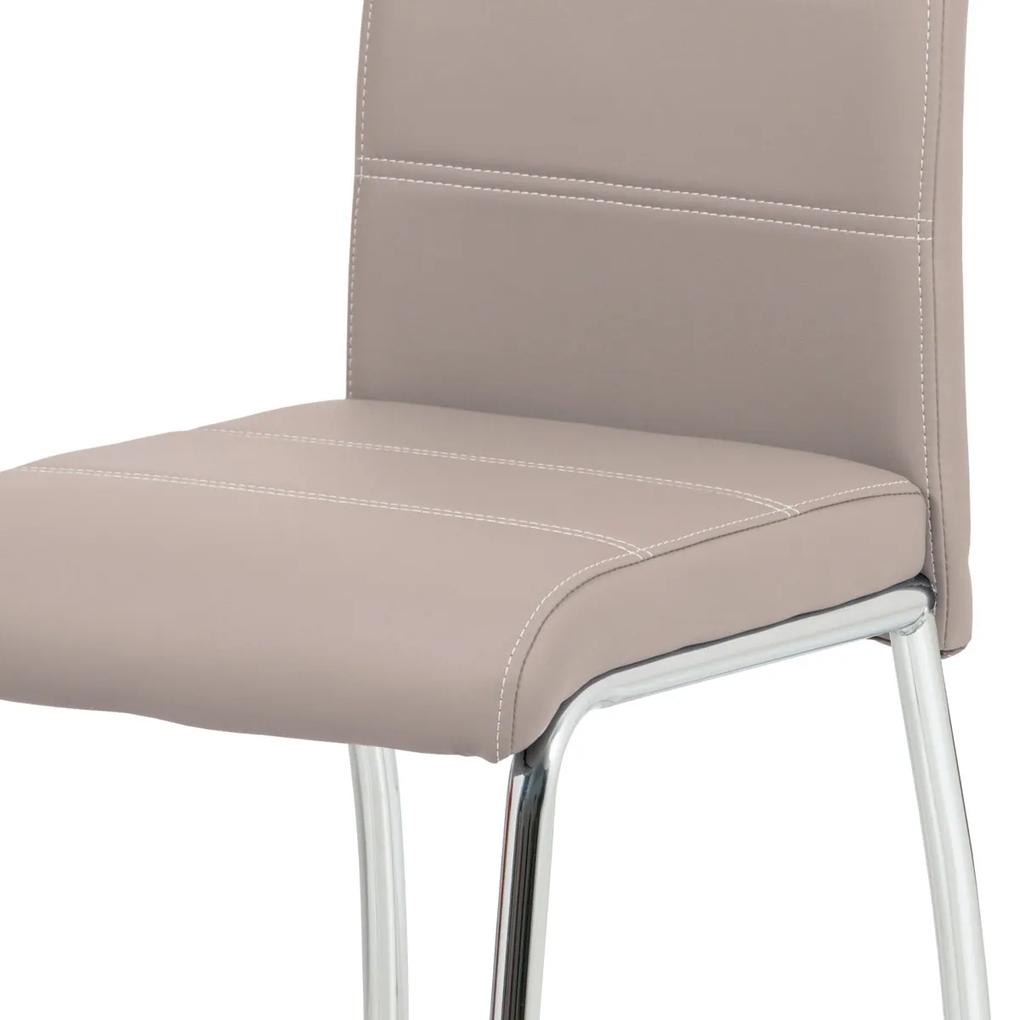 AUTRONIC Jídelní židle, potah lanýžová ekokůže, bílé prošití, kovová čtyřnohá chromovaná