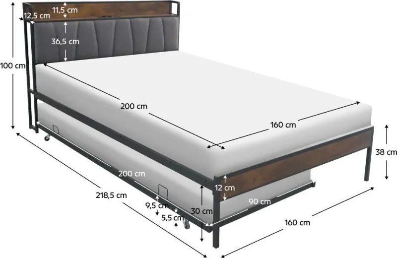 Postel NORDO 160x200 s roštem a výsuvnou přistýlkou černá/šedá Kondela 0000408414