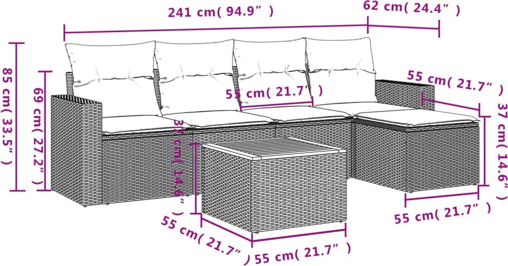 6dílná zahradní sedací souprava s poduškami šedá polyratan 3224100