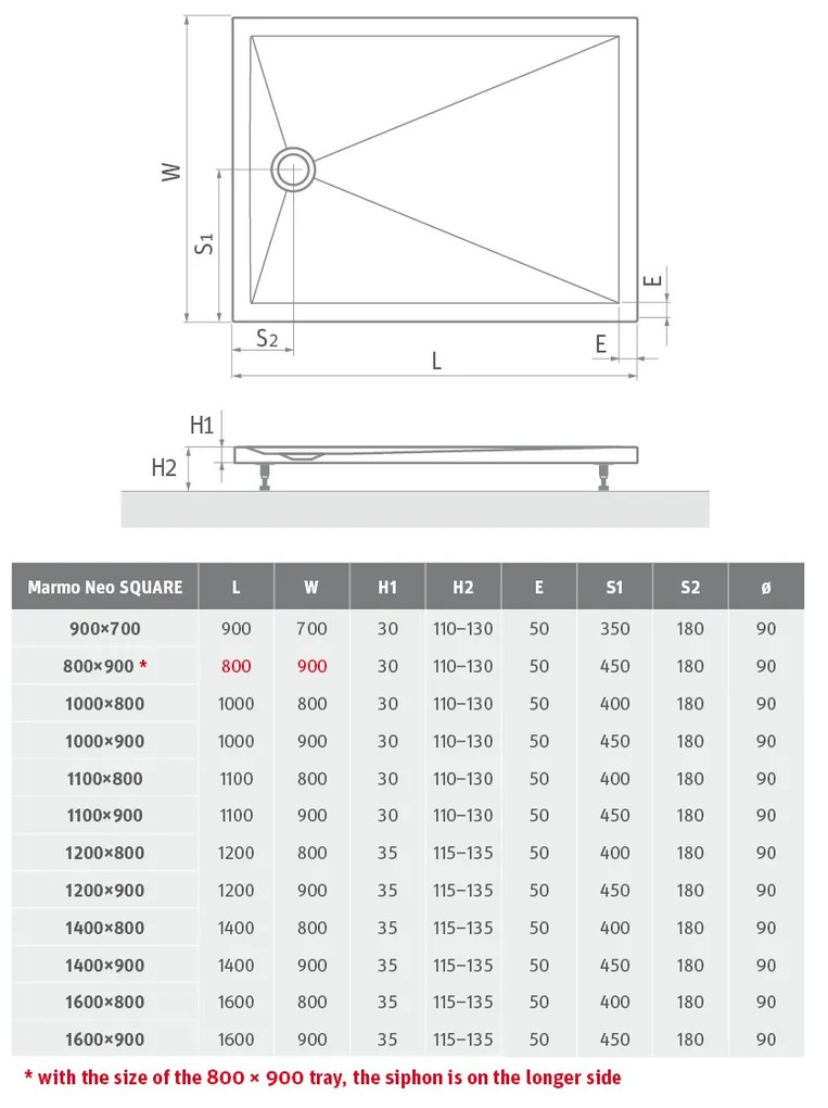 Roth Obdélníková sprchová vanička z litého mramoru MARMO NEO SQUARE-R Varianta: rozměry: 90x70 cm - (MARMO NEO SQUARE-R 900x700 - MAN SQ 090070 2E)