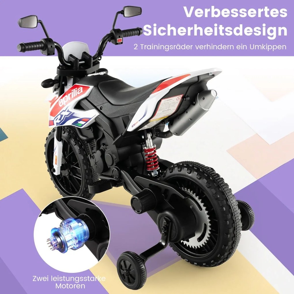 Costway Elektrická dětská motorka Aprilia s tréninkovými koly a hudbou a – bílý