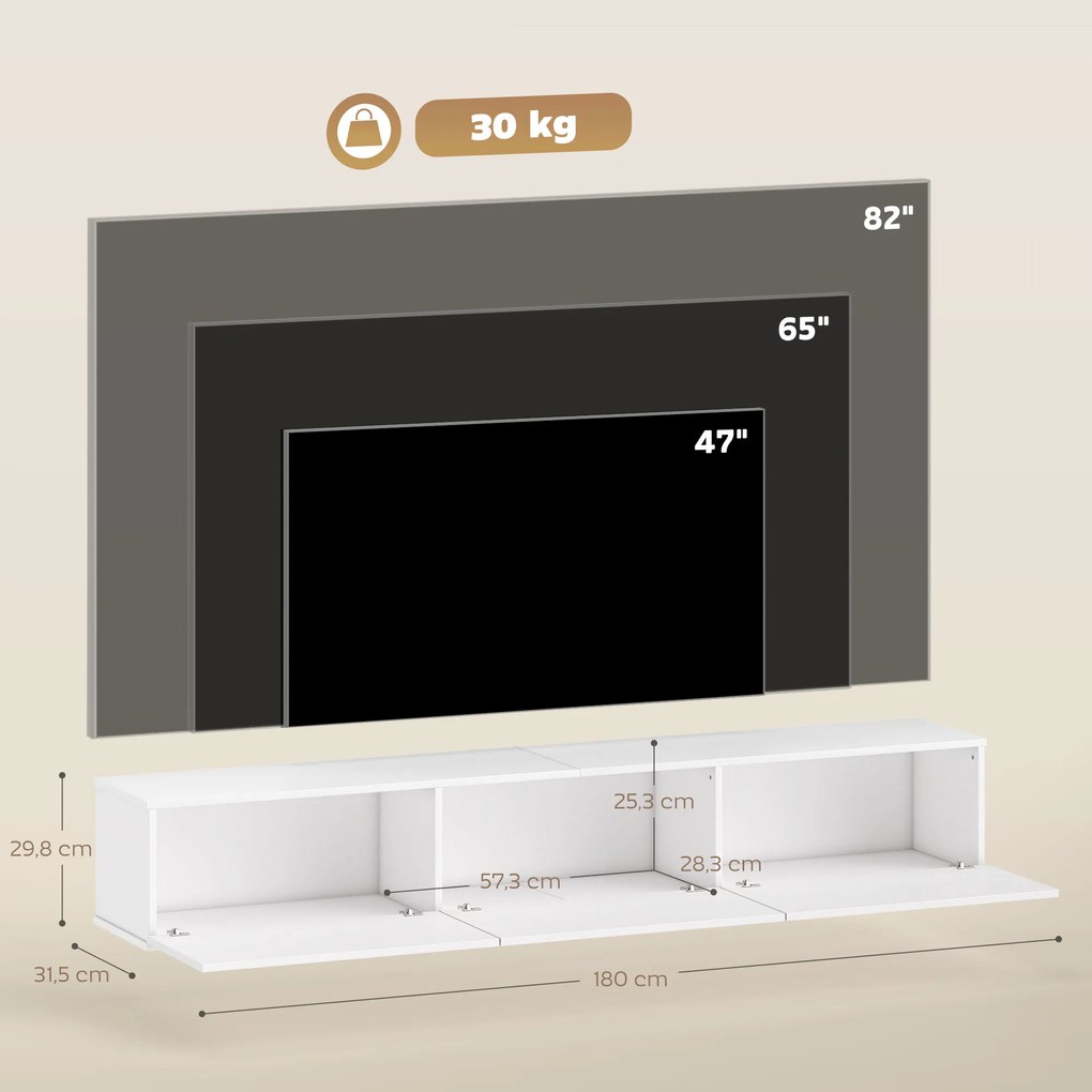 HOMCOM Zavěšená TV skříňka, montáž na zeď, 3 zásuvky, spousta úložného prostoru, 180 cm, bílá