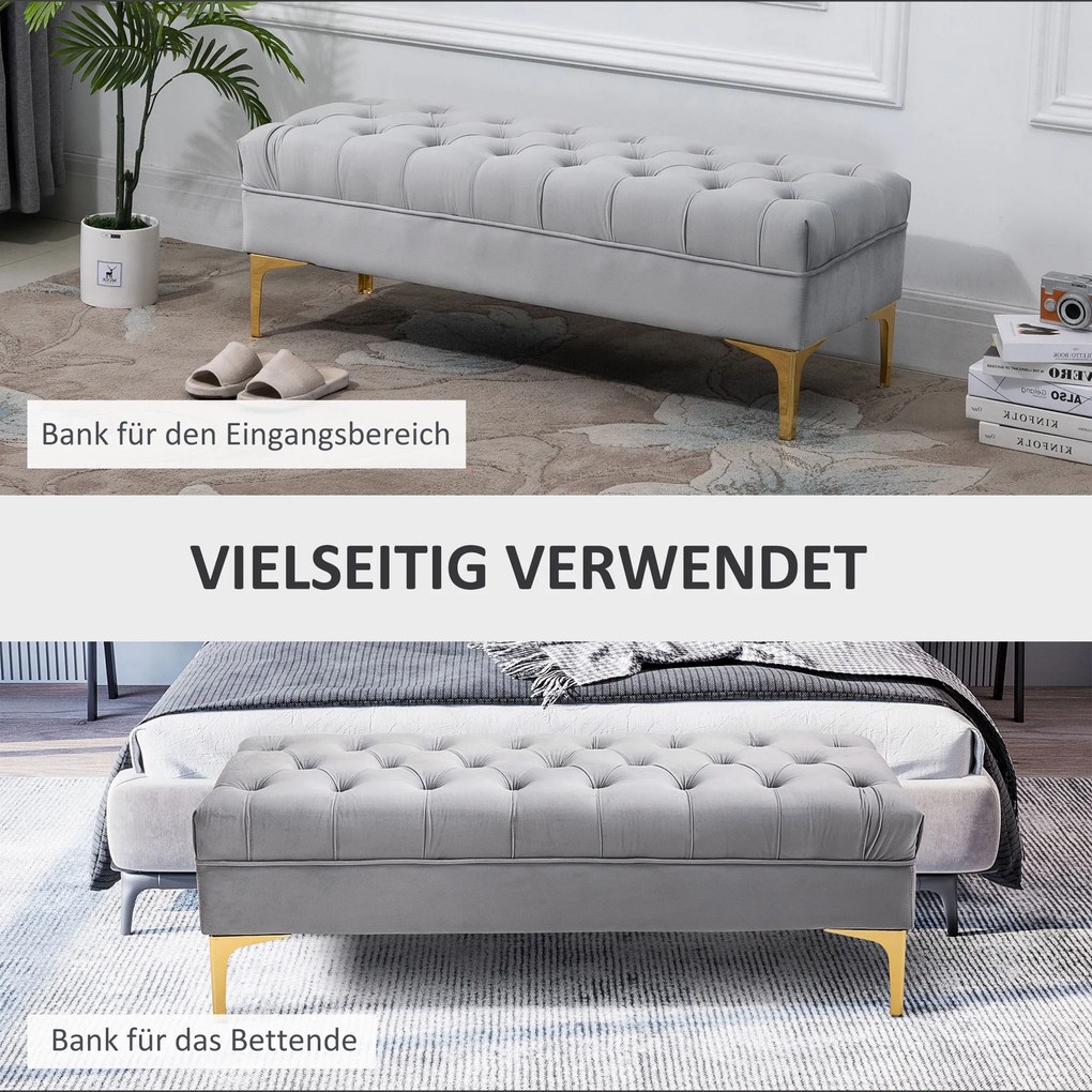 HOMCOM Lavice k posteli Lavice na boty se zvýšenými nohami ze sametu ve světle šedé barvě 118x45x42cm do ložnice a předsíně