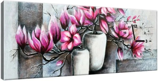 Tištěný obraz s hodinami Růžové magnolie ve váze 100x40cm ZP3906A_1I