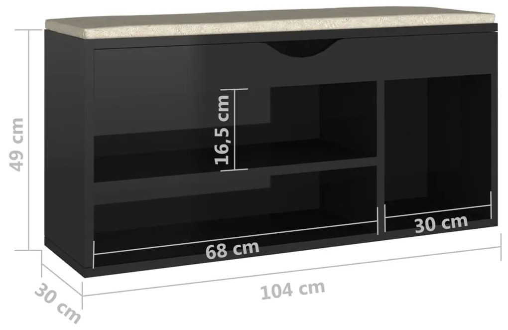 Botník s poduškou černý lesklý 104 x 30 x 49 cm dřevotříska - Default Title