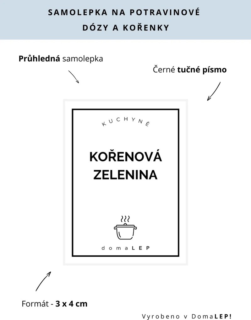 Samolepka na kořenky KOŘENOVÁ ZELENINA průhledná 3 × 4 cm tučné písmo