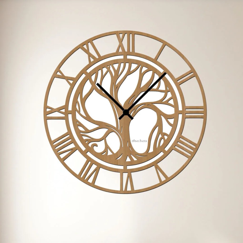 dřevo života Nástěnné hodiny STROM ČASU Zvolte barvu dekoru: Javor, Zvolte velikost hodin (cm): 40x40, Barva ručiček: Černé