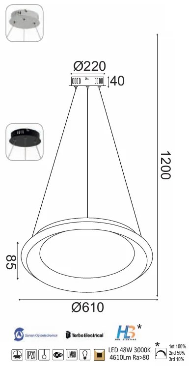 ACA DECOR LED závěsné svítidlo DIANA 48W/230V/3000K/4610Lm/270°/IP20/DIM, Flicker free