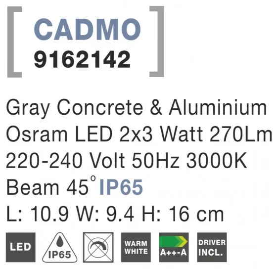 Svítidlo Nova Luce CADMO R WALL GREY 2 nástěnné, IP 65, 2x3 W