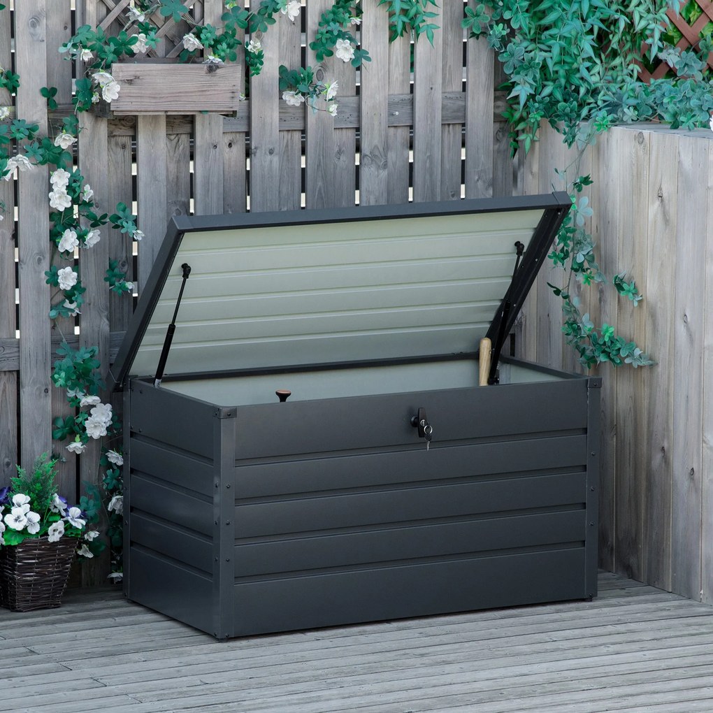 Outsunny Venkovní úložný box 311L Ocelový skladovací truhlík s klíčovým uzamčením a plynovými písty pro zahradu, terasu nebo patio 120x62x62 cm Tmavě…