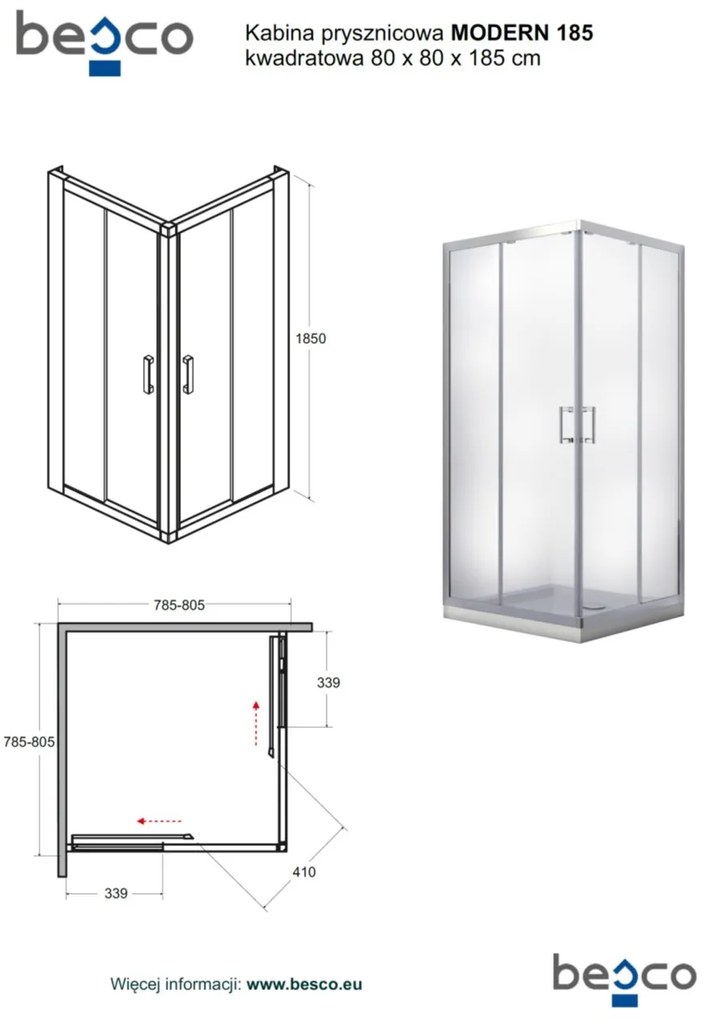 BESCO Čtvercový sprchový kout MODERN BLACK 190 BARVA rámu - Černá, Rozměr A - 80 cm, Rozměr B - 80 cm, Rozměr C - 190 cm, Směr zavírání - Univerzální Levé / Pravé, Výplň - Čiré bezpečnostní sklo - 6 mm - BCMOD80CTVERBC