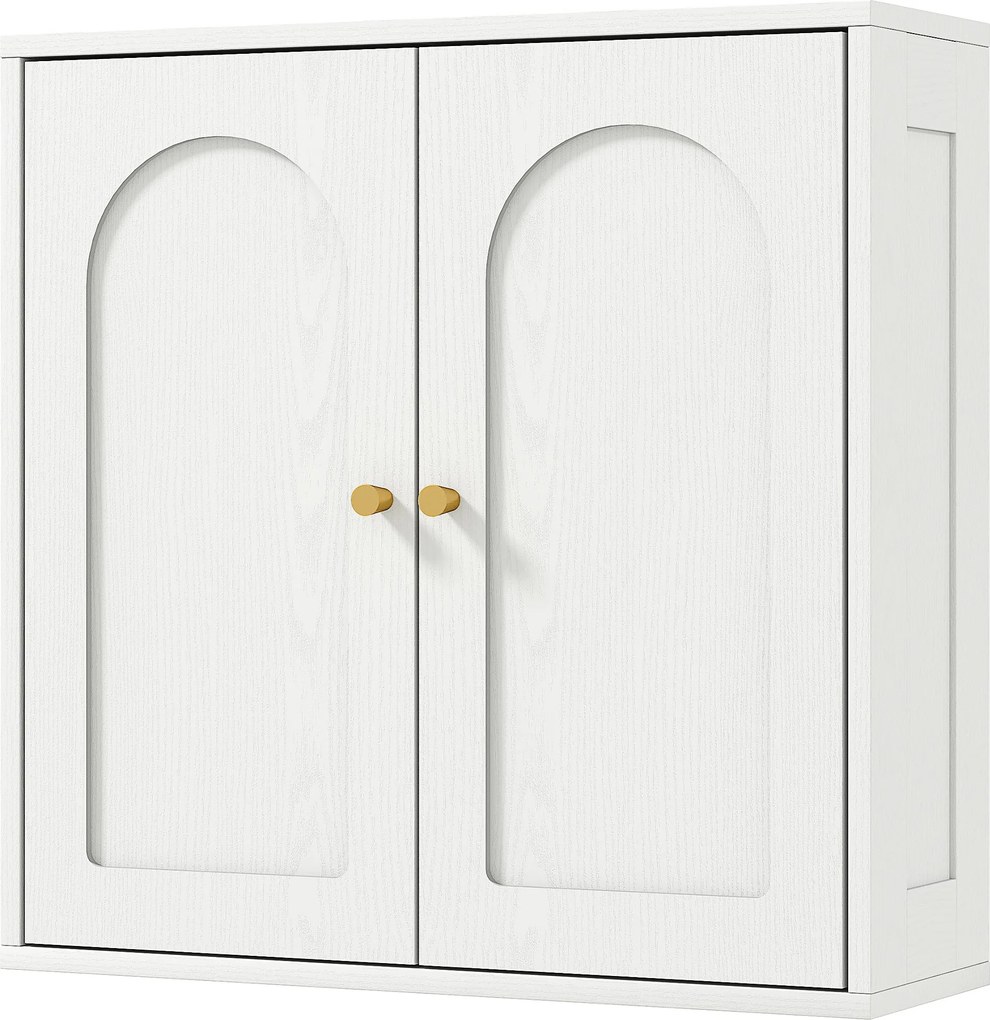 HOMCOM Koupelnová nástěnná skříňka, 2 dveře s obloukovým designem, zlatými úchyty, 60x20x60 cm, bílá | Aosom