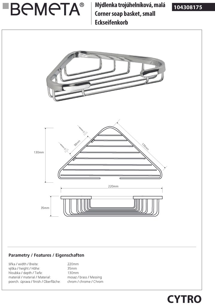 Bemeta Design CYTRO: Polička, do sprchy, rohová -
