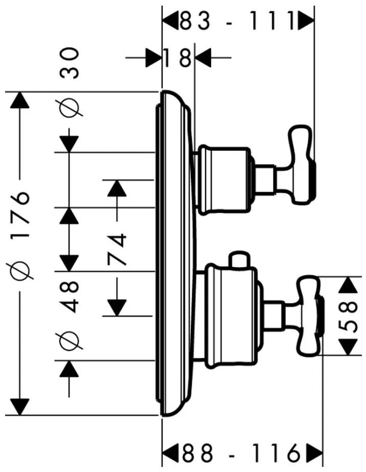 Axor Montreux - Termostatická baterie pod omítku s uzavíracím a přepínacím ventilem, broušený nikl 16820820