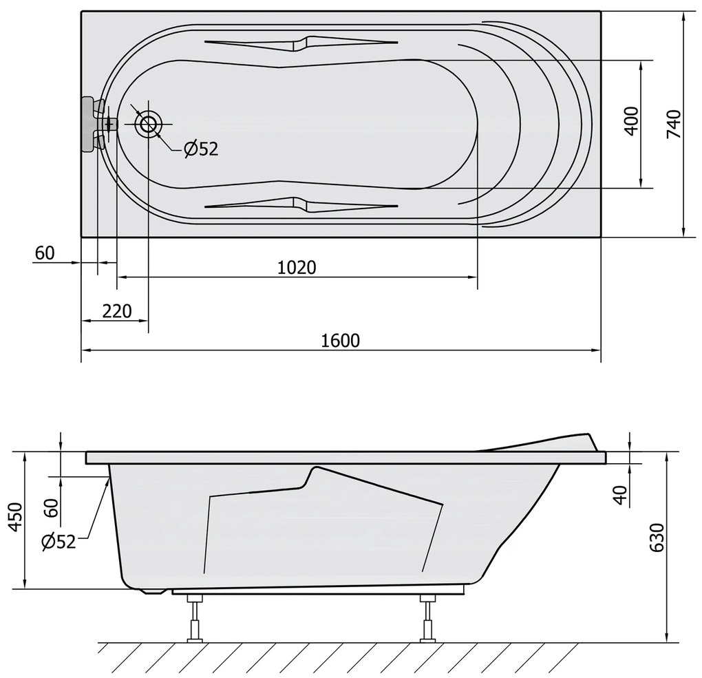 Polysan ADRIANA obdélníková vana s konstrukcí 160x74x45 cm, bílá, 43211