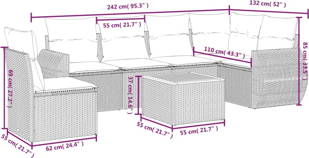7dílná zahradní sedací souprava s poduškami černá polyratan 3257358