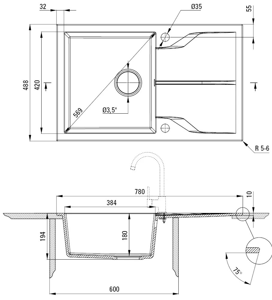 Deante Andy Flush 78 kuchyňský dřez s odkapávačem, antracit