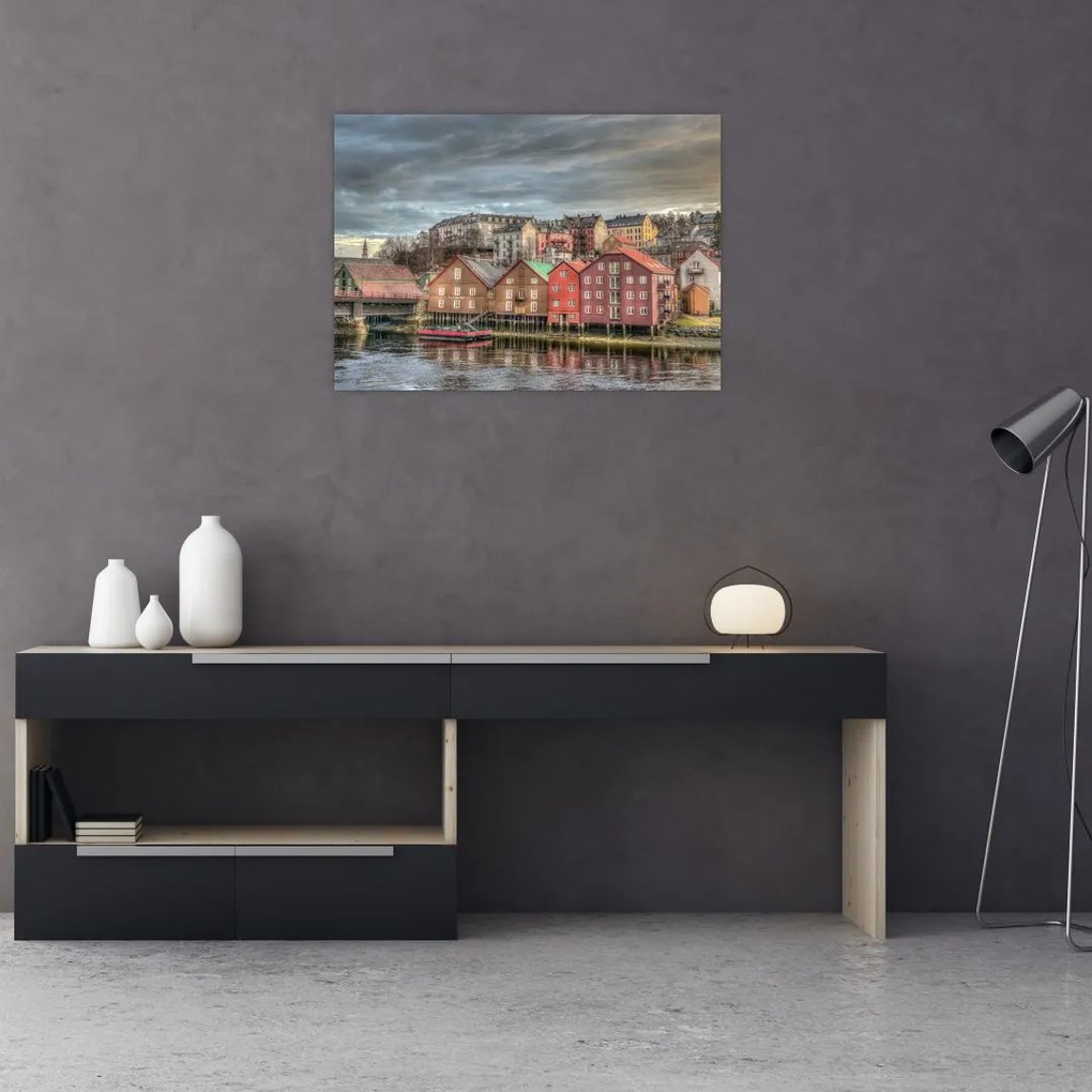 Skleněný obraz - Domy u řeky (70x50 cm)