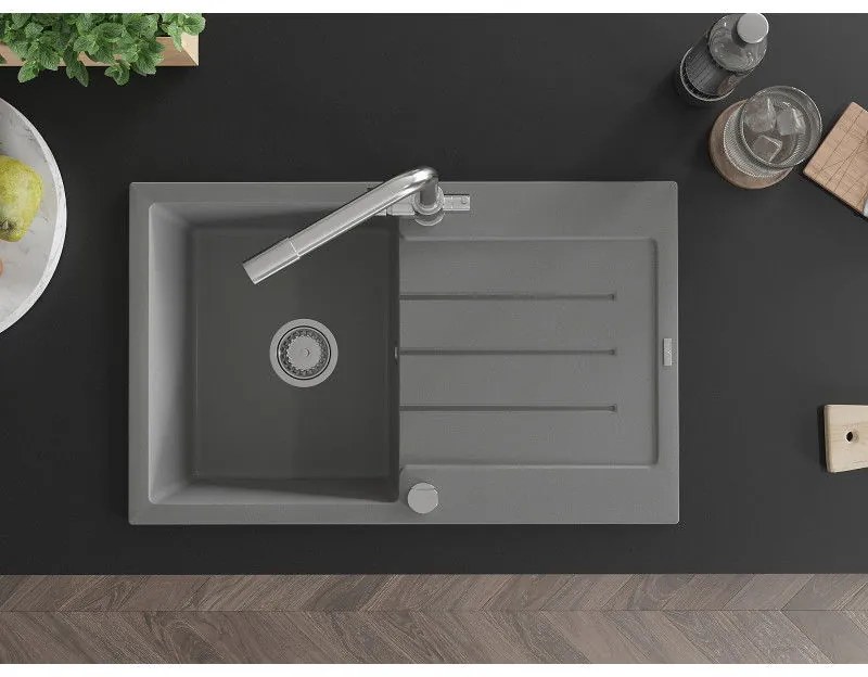 Mexen Bruno, 1-komorový granitový dřez s odkapávačem 795x495x200 mm a chromová baterie Duero, šedá, 6513-71-671600-00