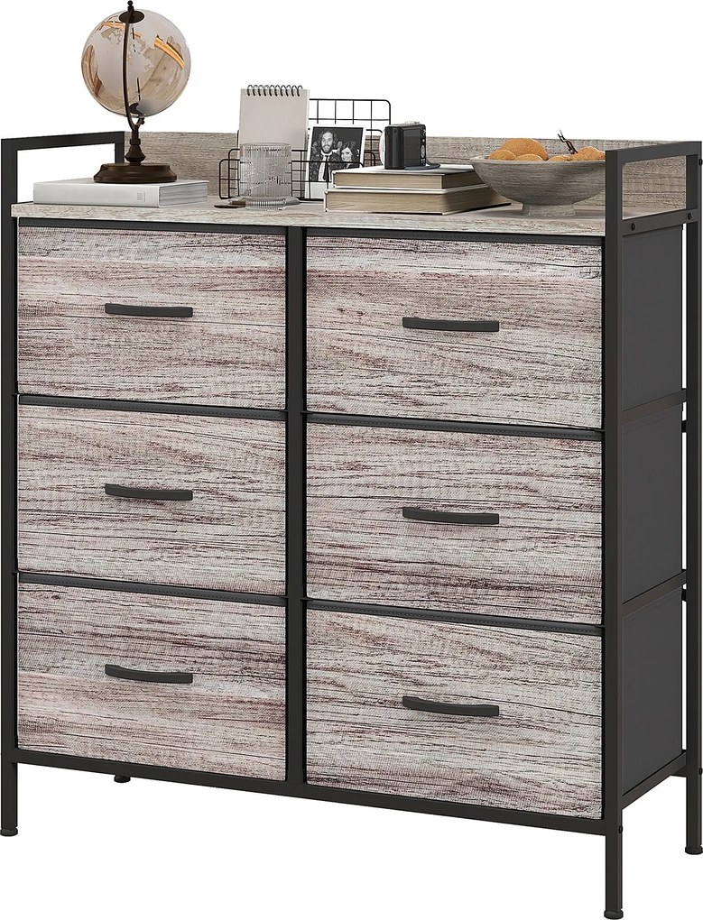 HOMCOM Komoda se 6 textilními šuplíky, úložný skříň se dřevěným vzhledem, úchyty, ocelový rám, industriální design pro obývací pokoj Šedá | Aosom