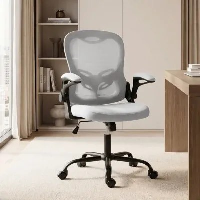 HOMCOM ergonomická kancelářská židle, síťové kancelářské křeslo, sklápěcí područky, výškově nastavitelné, houpací funkce, šedá