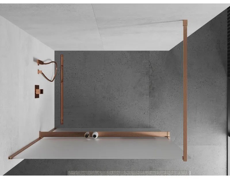 Mexen Kioto+, sprchová zástěna Walk-In s poličkou a věšákem 140 x 200 cm, 8mm sklo námraza, měděný matný profil, 800-140-121-65-30