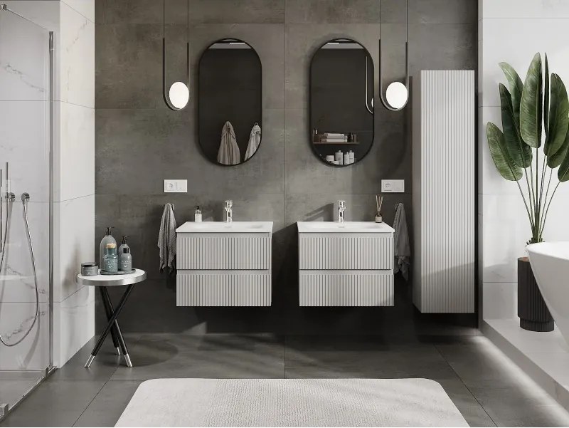 Mexen Rivel, koupelnová skříňka 60 cm s umyvadlem Vela, 2 zásuvky, drážkovaná, šedá matná/bílá, 91A20-06047-2-BFF62-W23M01