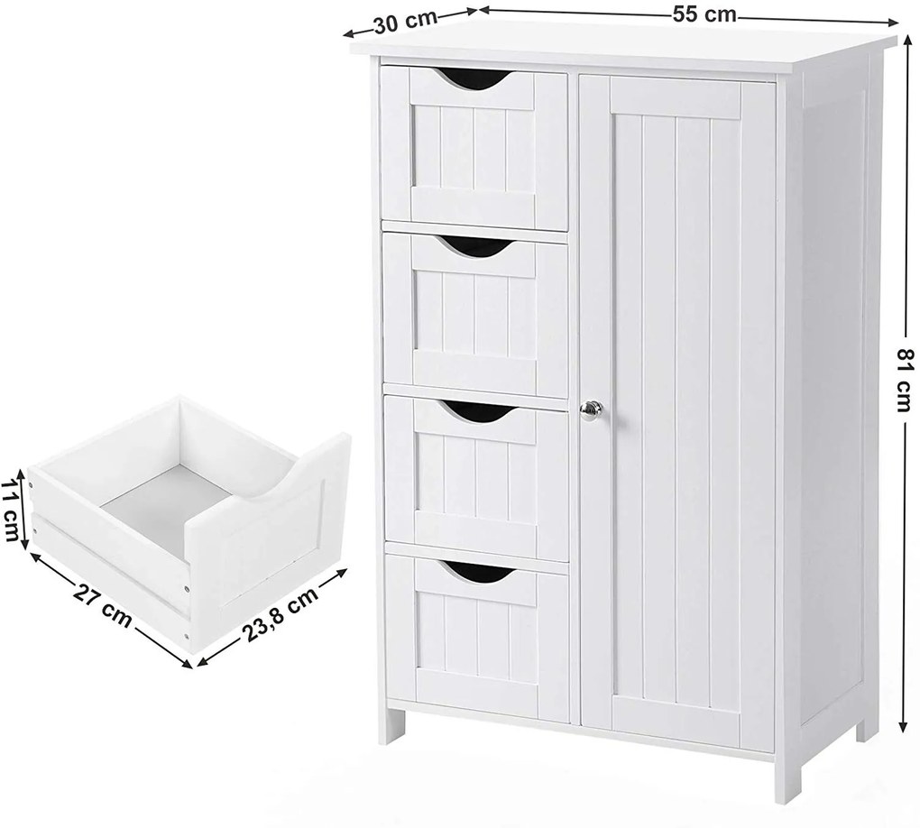 VASAGLE Koupelnová skříň 4 zásuvky bílá 55x80 cm