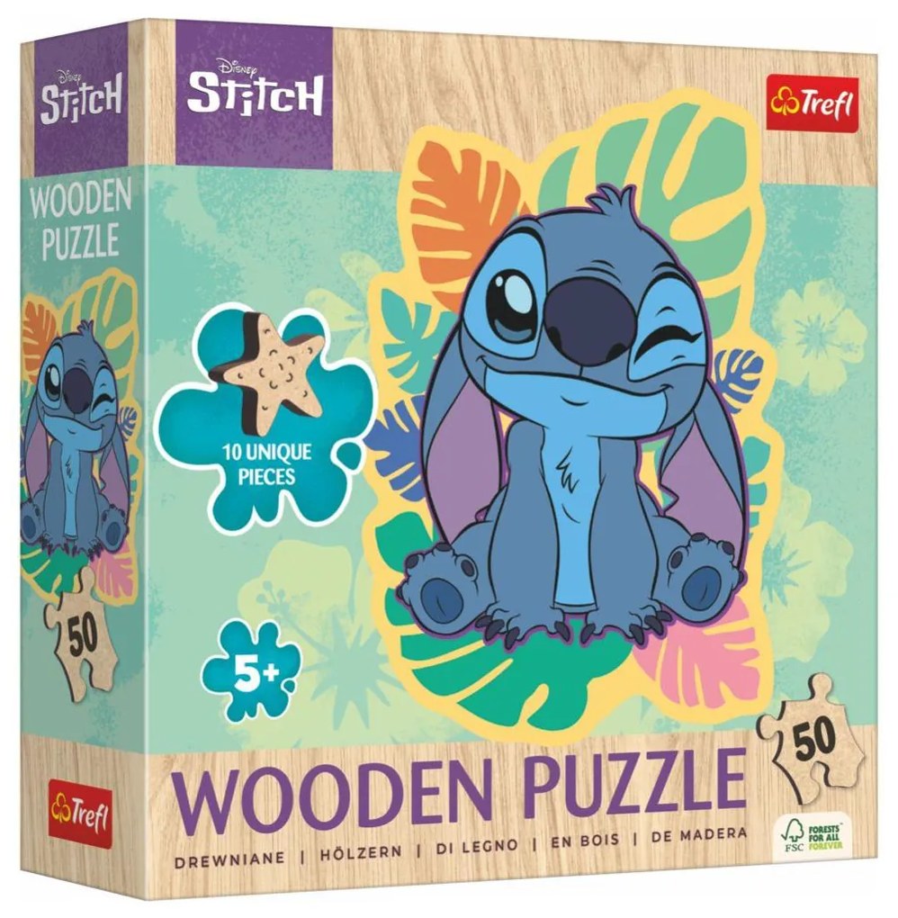 Trefl Puzzle dřevěné nepravidelné tvary Lilo a Stitch 50 dílků 19,8x25,8cm v krabici 20x20x6cm