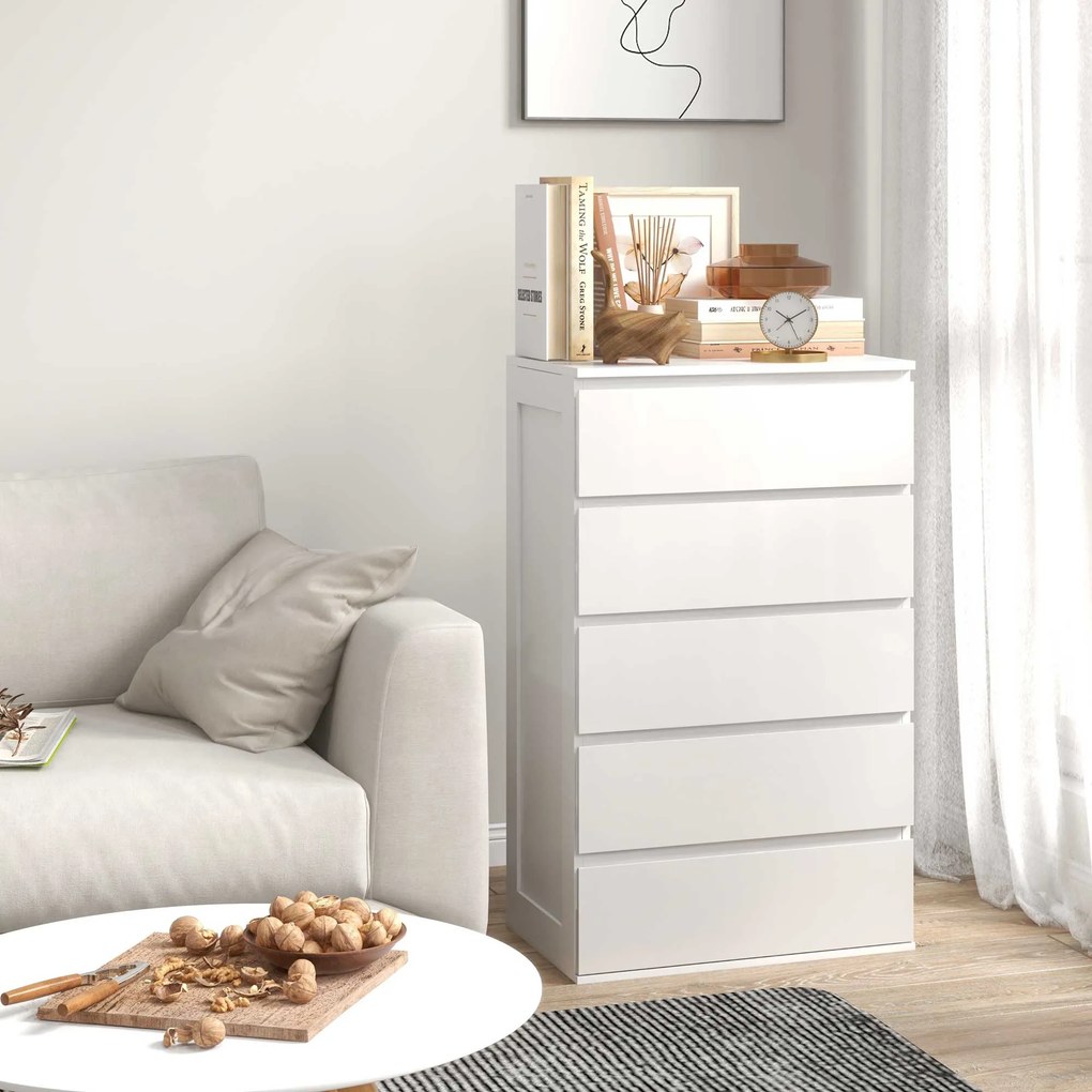 HOMCOM Komoda s 5 šuplíky - Moderní Stylový Úložný Prvek s Hladkým Uzavíracím Mechanismem pro Ložnici, Obývací Pokoj - 60 x 38 x 100 cm, Bílá | Aosom