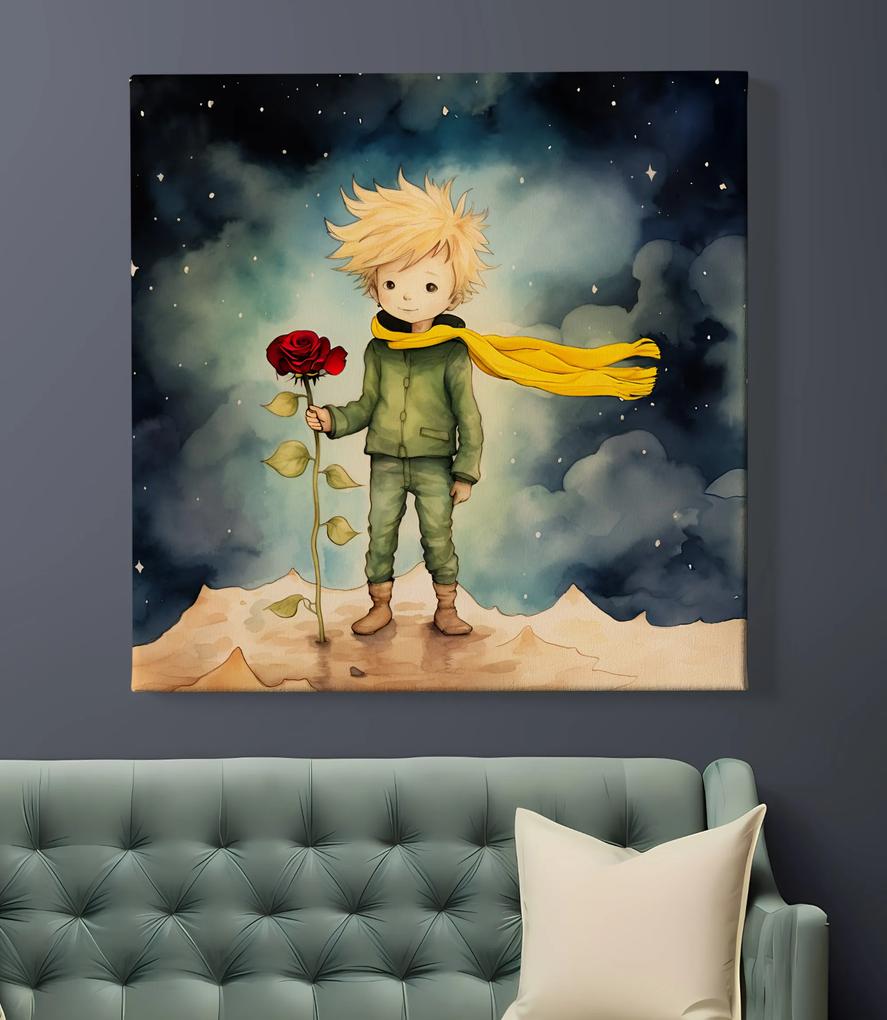 Obraz na plátně - Malý princ na své planetce s milovanou růží (cartoon) FeelHappy.cz Velikost obrazu: 120 x 120 cm