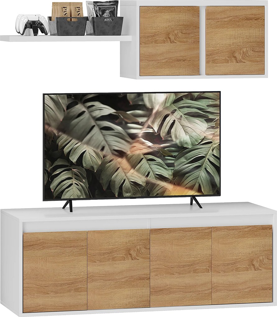 Sada TV stolku a nástěnné skříňky HOMCOM s 7 policemi a otevřenou policí, Dřevotříska, 120x41x43,3 cm, Bílá a dřevěná barva | Aosom