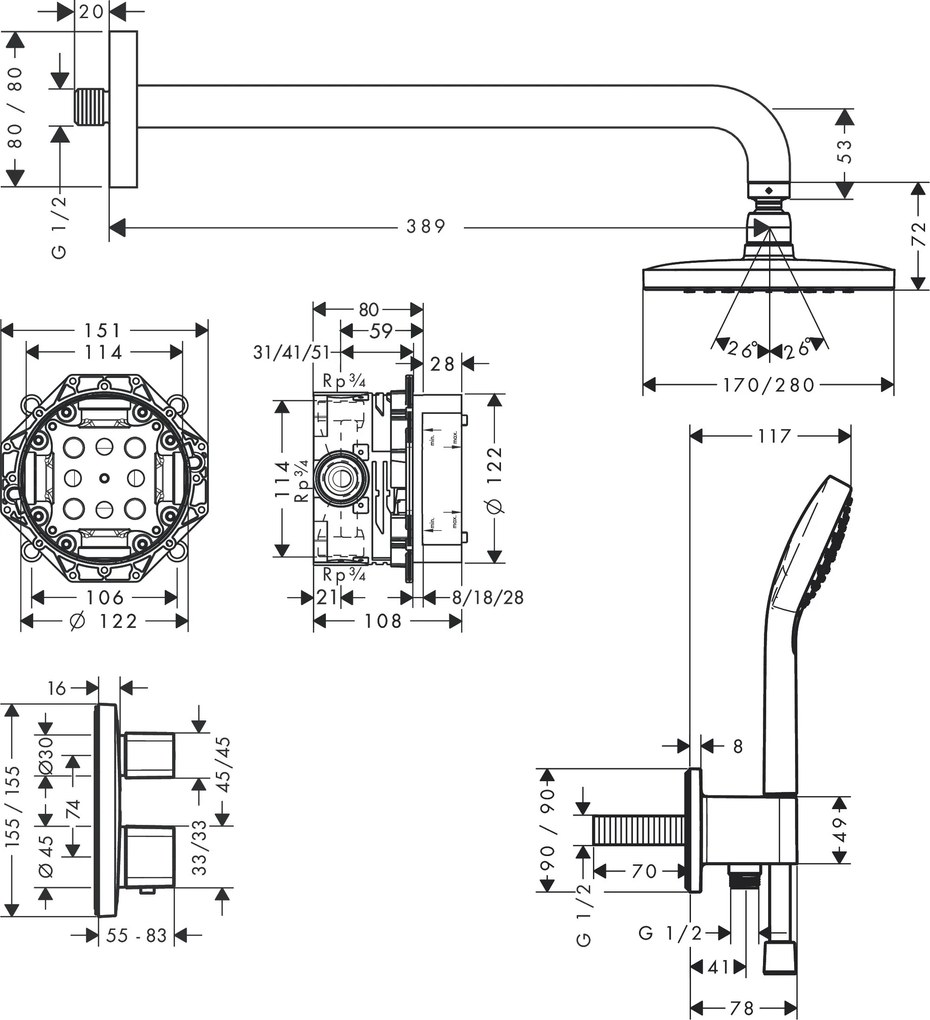 Hansgrohe Croma E, sprchový systém 280 1jet s termostatem Ecostat E, chromová, HAN-27953000