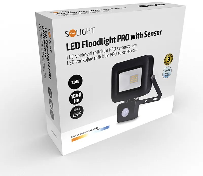 Solight LED reflektor PRO se senzorem, 20W, 1840lm, 5000K, IP44
