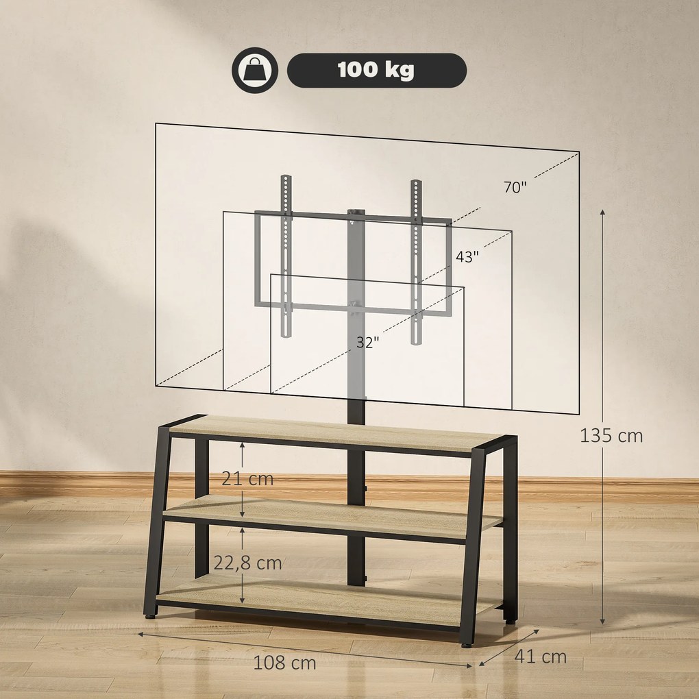 HOMCOM TV nábytek s držákem pro televizory přibližně 81–178 cm, otevřené police, nastavitelný úhel 35°, 108x41x135 cm, přírodní dřevěný vzhled