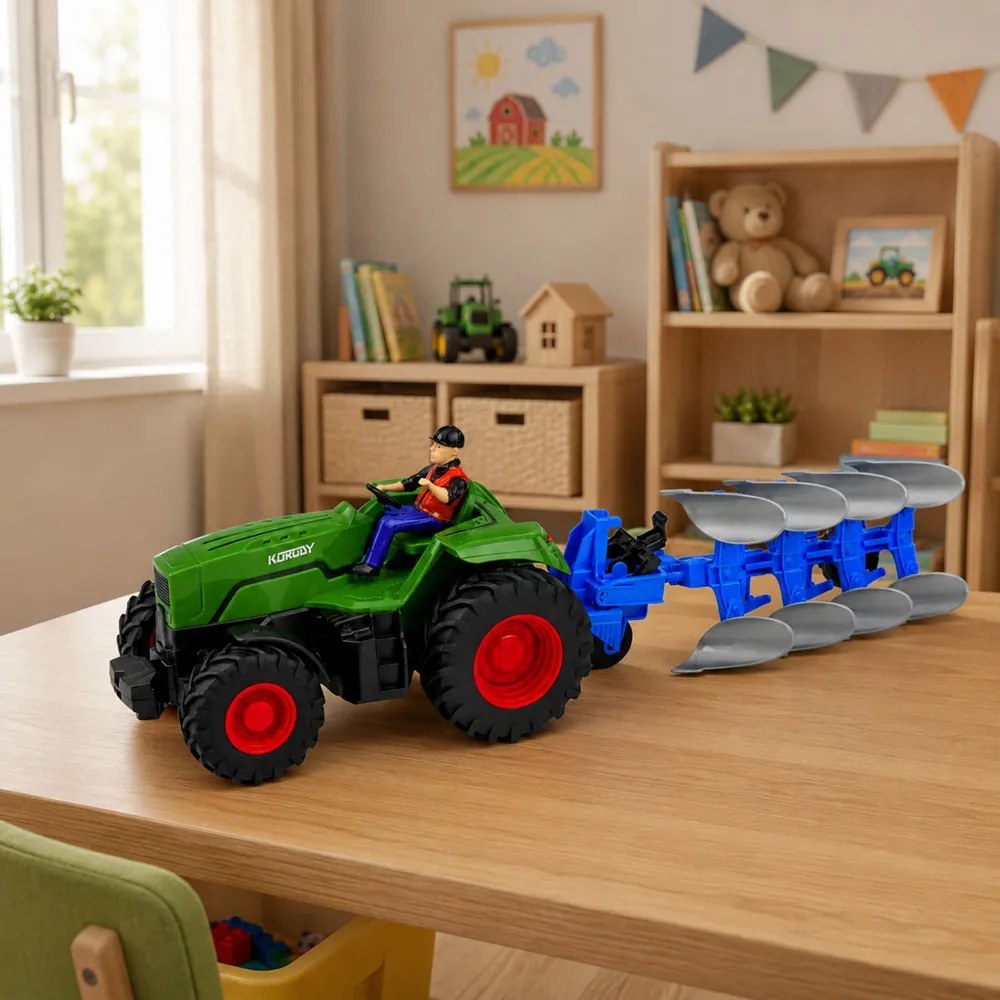 LEAN Toys Traktor s pluhem a zemědělcem, dálkově ovládaný RC, se světly, zelený, měřítko 1:24