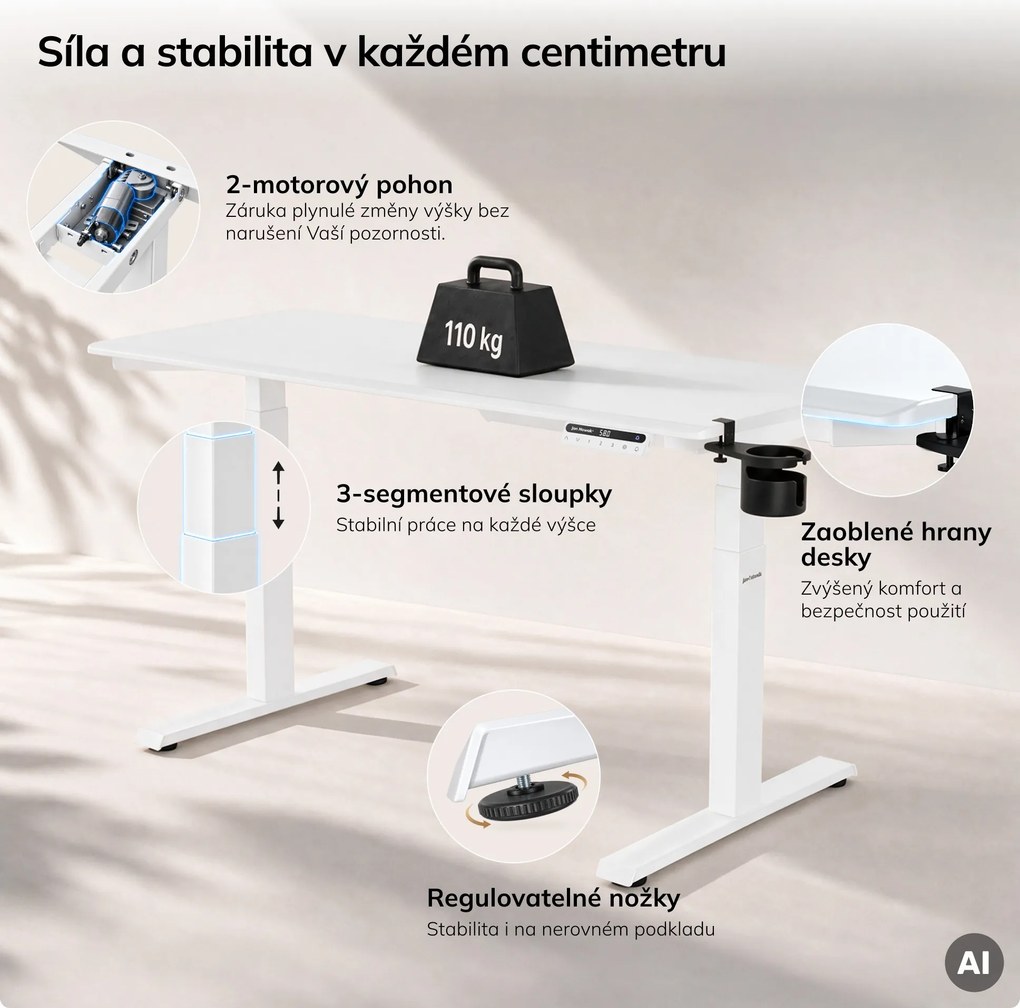 Elektrický stůl s nastavitelnou výškou ergonomický bílý,1400x700 mm: ARIA