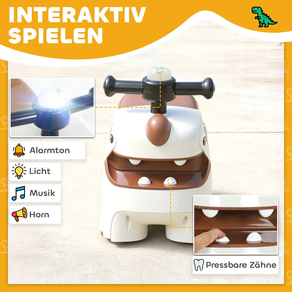 Ruschauto, dino design, volant, světla, zvuky, 4 kola, krémová bílá+hnědá