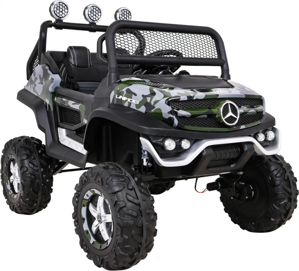 Ramiz Mercedes Benz Unimog elektrické autíčko pro děti maskáčové lakované + pohon 4x4 + dálkové ovládání + nosič zavazadel + pomalý start + MP3 + LED