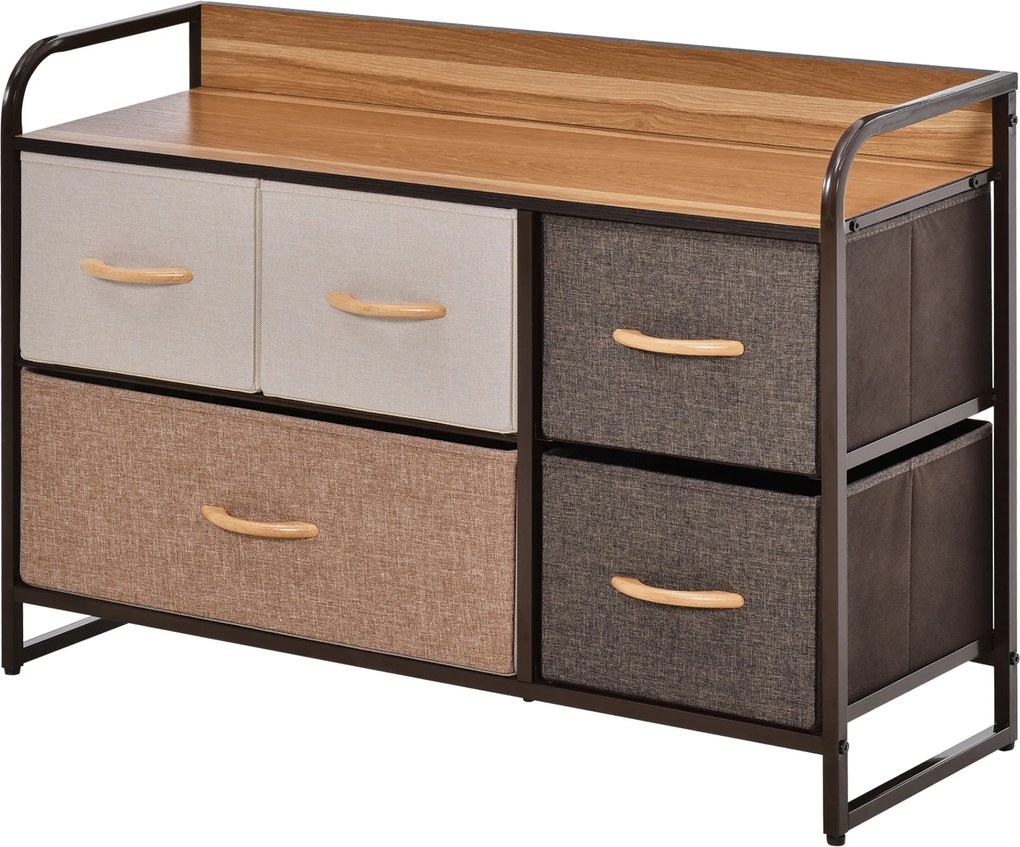 HOMCOM Textilní Komoda do Ložnice s 5 Skládacími Šuplíky, Dřevěným Vrchem a Kovovým Rámečkem do Obývacího Pokoje 87,5x29x58 cm Multicolor | Aosom