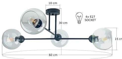 Lustr na tyči VASCO 4xE27/60W/230V černá/čirá