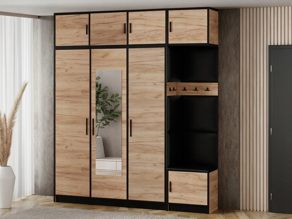 Šatní skříň s nástavcem ROJ 14 dub Craft zlatý _ ecoskóra černý
